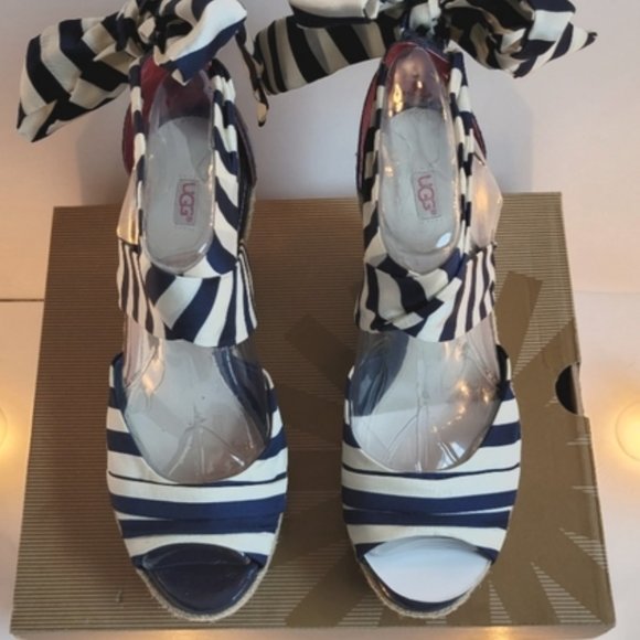 UGG | Shoes | New Ugg Lucianna Silk Navy White Striped Wedge Size 65 ...